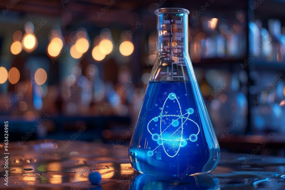 Erlenmeyer flask containing blue liquid with a glowing atom symbol, in ...