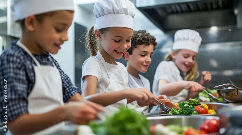 Diverse children cooking together in school kitchen competition ...
