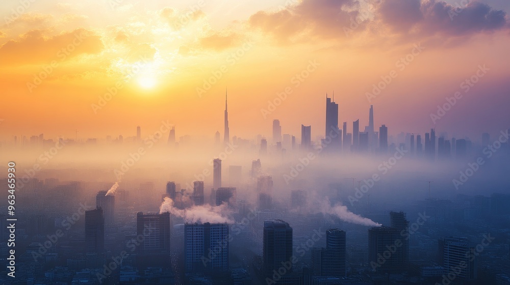 Smog-filled city skyline with heavy air pollution and a visible heat ...