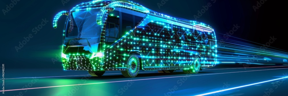 Digital green high-speed bus in low poly wireframe, the future of ...