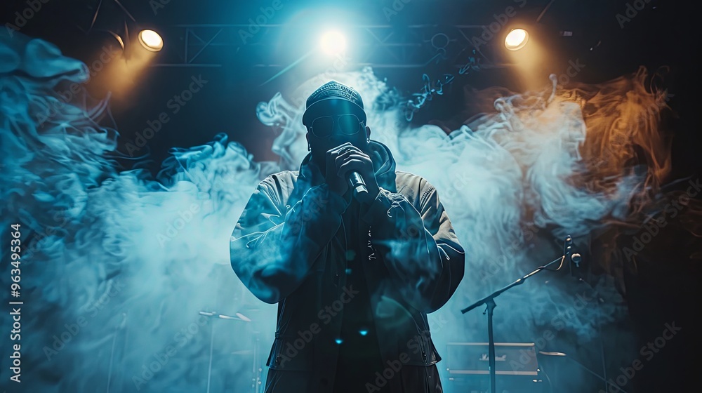 Rap trap and hip hop star performing on nightclub stage with dark ...