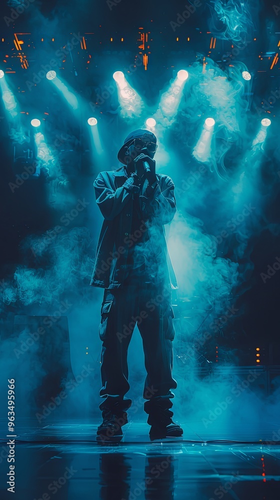 Rap trap and hip hop star performing on nightclub stage with dark ...