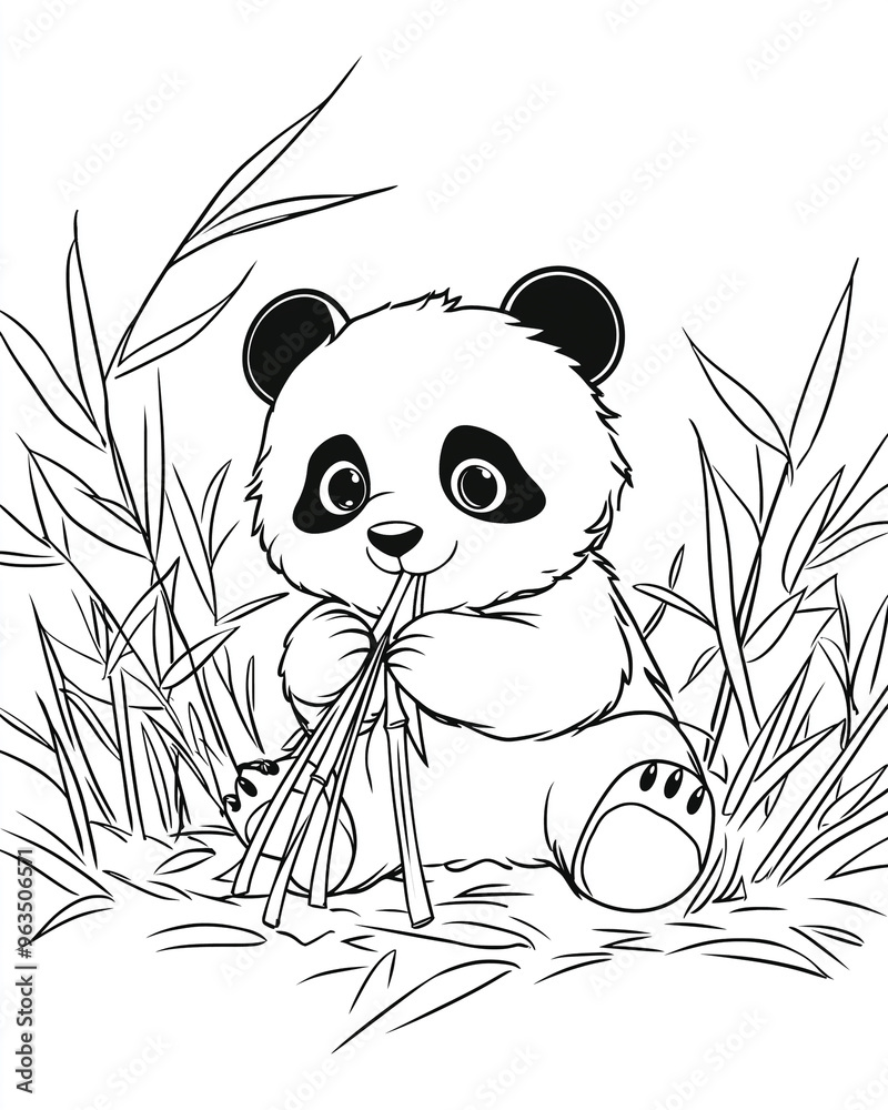 Baby Panda Eating Bamboo Coloring Page for Kids. Generative AI. Stock ...