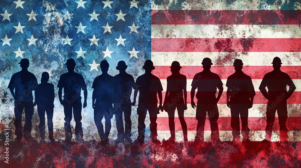 Abstract Labor Day background featuring silhouettes of workers ...