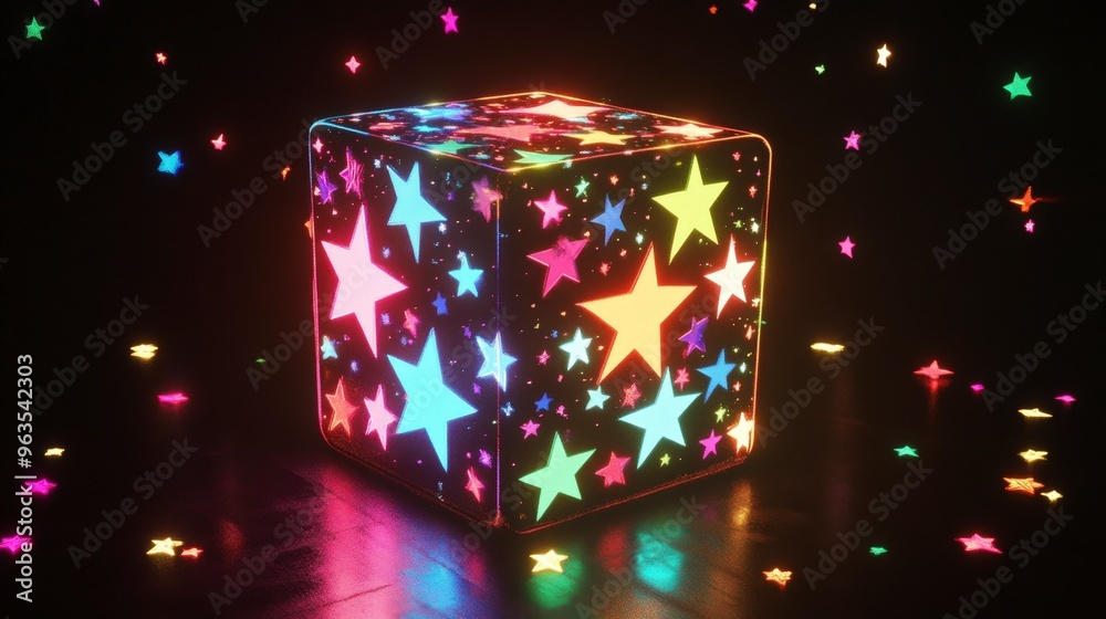 Beige cube with luminous, multi-colored rainbow stars on each side ...