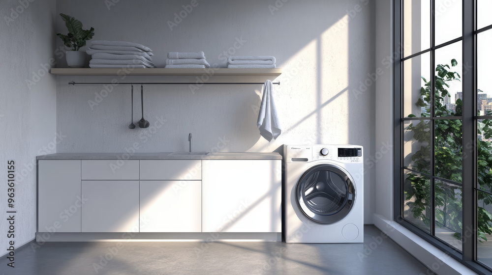 "White modern apartment interior featuring a laundry room with a sink ...