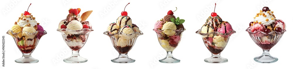 Six different ice cream sundaes in glass dishes, each topped with ...