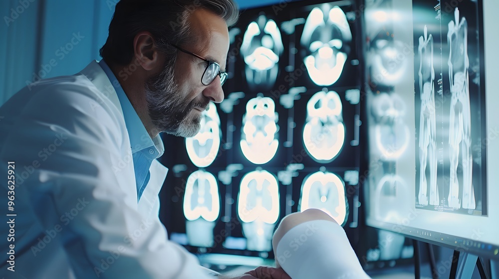 Orthopedic surgeon doctor examining patient's knee joint x-ray films ...
