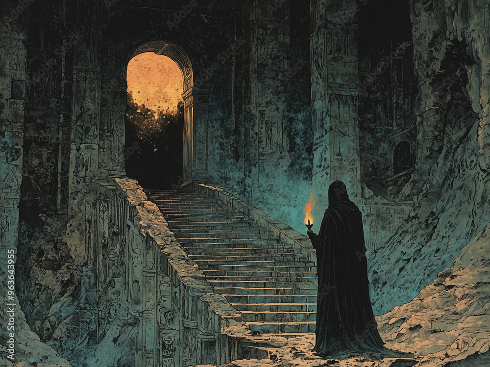 Cloaked Adventurer - dark, mysterious, shadow, staircase, archway, cloak, torch, medieval, eerie ...