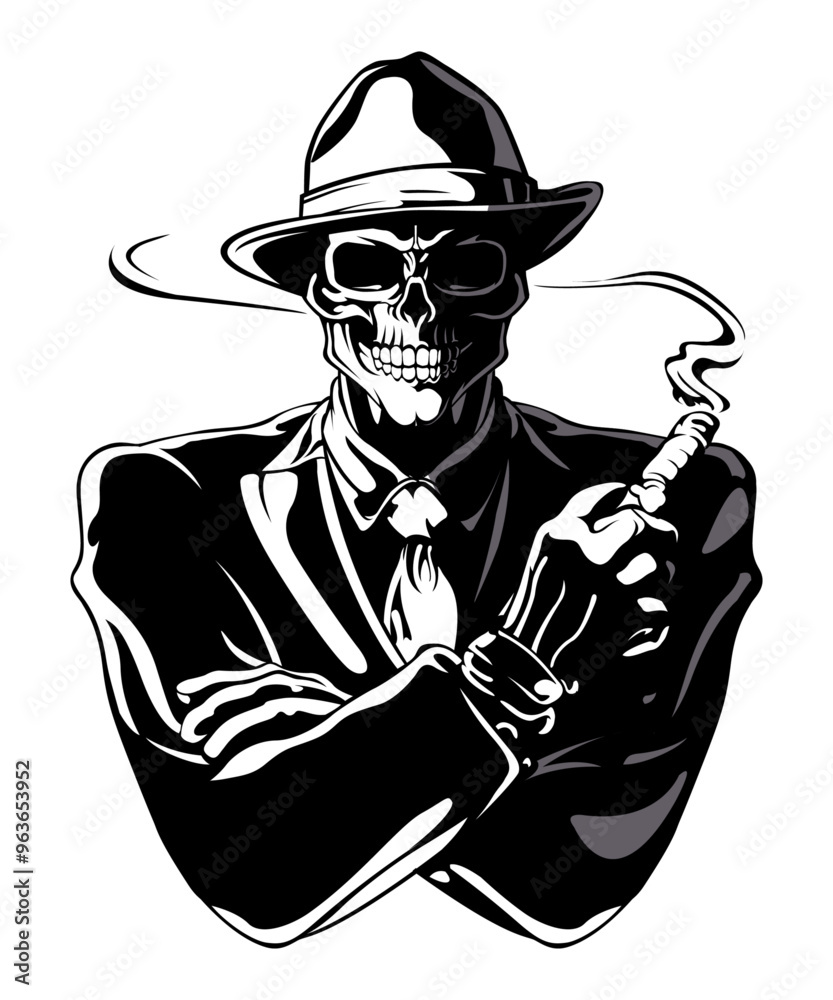 Mafia Boss, funny skeleton business in a suit, hat smoking cigar ...