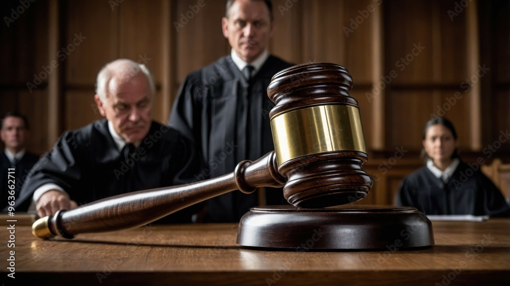 A courtroom scene featuring judges in robes, with a large gavel ...
