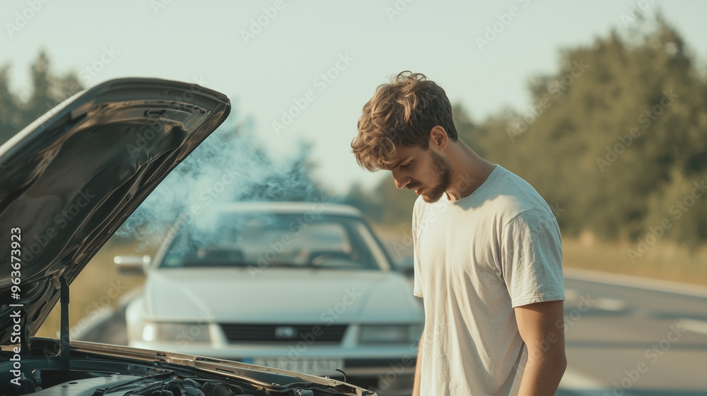 Engine Failure: Distraught Young Man Beside a Car on the Highway, with ...