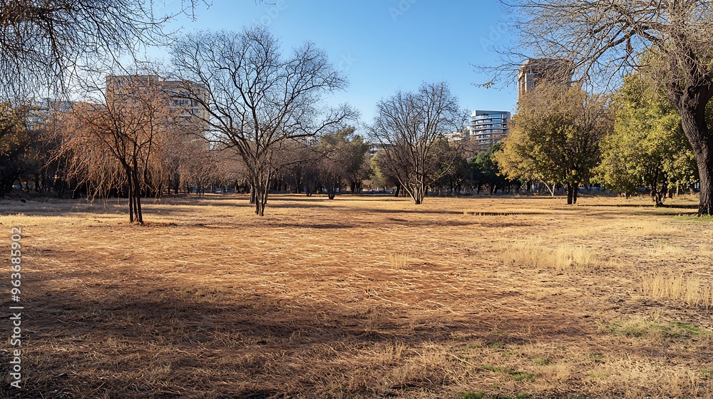 Urban park drying up under heatwave conditions, with brown grass and ...