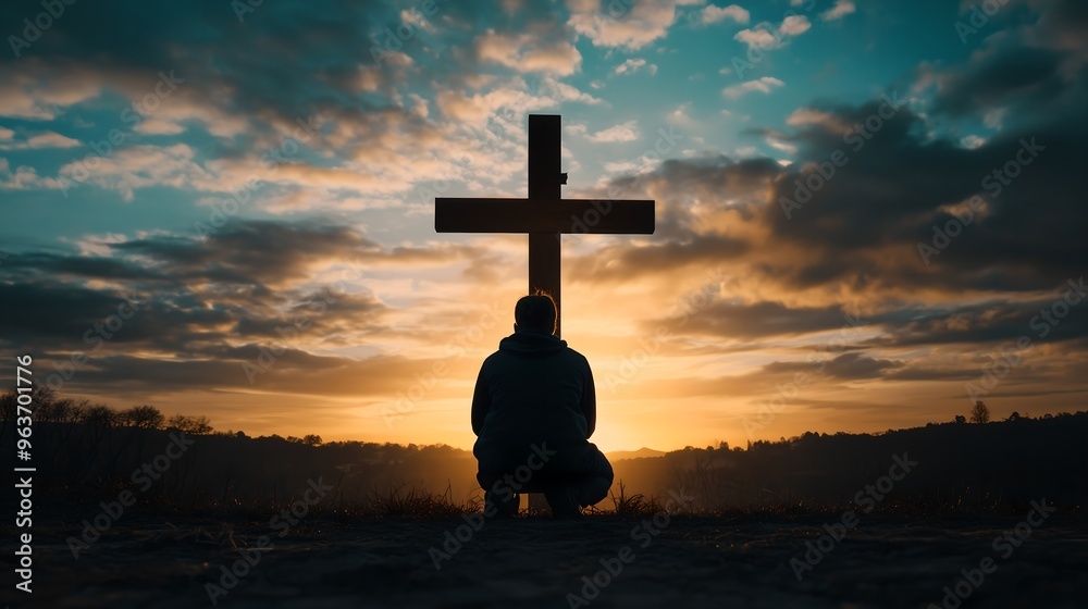Silhouette of man kneeling near the wooden Christian cross on a nature ...