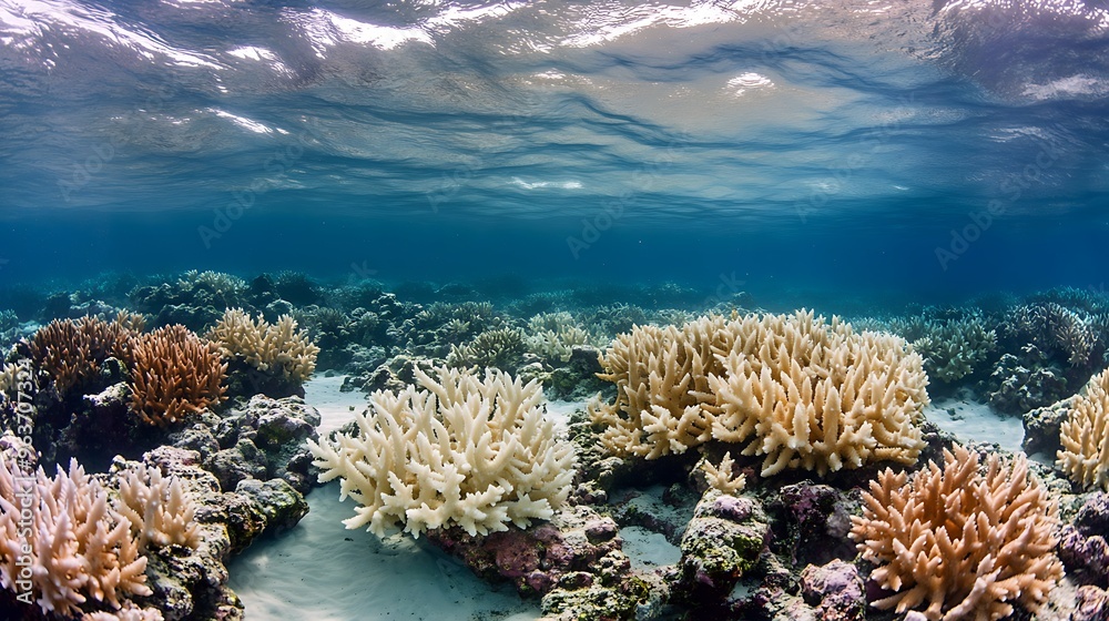 Degraded coral reefs showing fewer vibrant colors, highlighting the ...