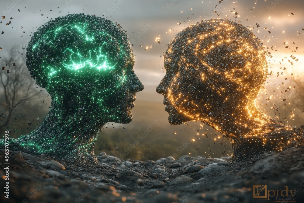 Neuronal intelligence Brain based communication Glittering human heads ...