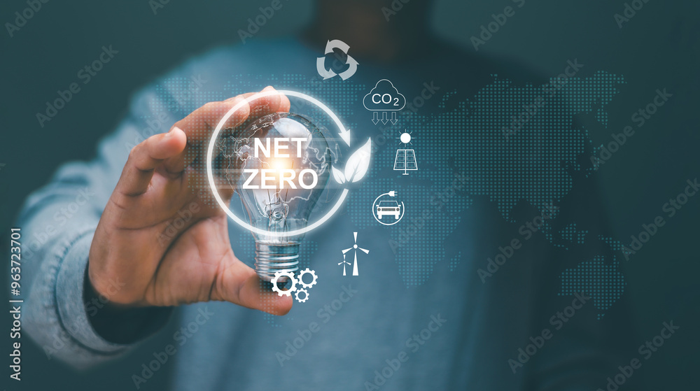 Net zero icon and carbon neutral concept. Man hand holding lightbulb for new idea to investment ...
