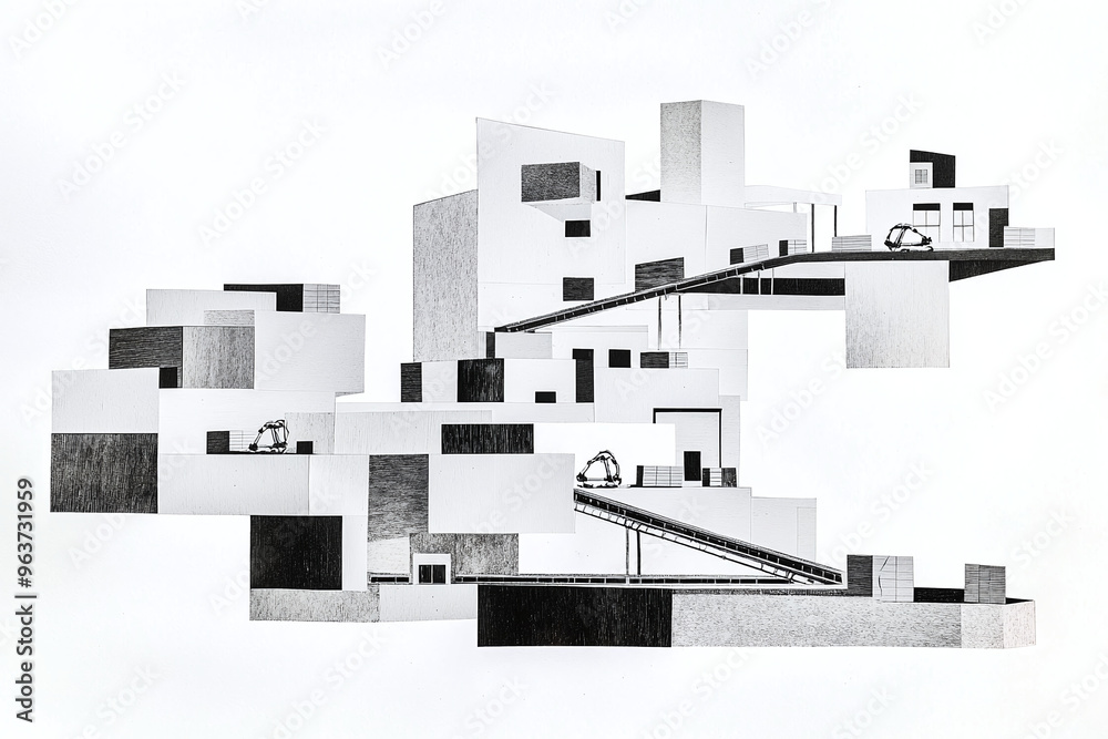collage of a cross-section view of a smart warehouse, showing robots ...