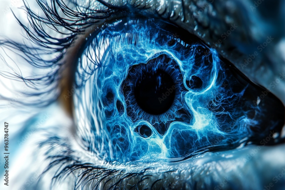 Corneal retinal ganglion and epicanthic fold abstract rendering of blue ...