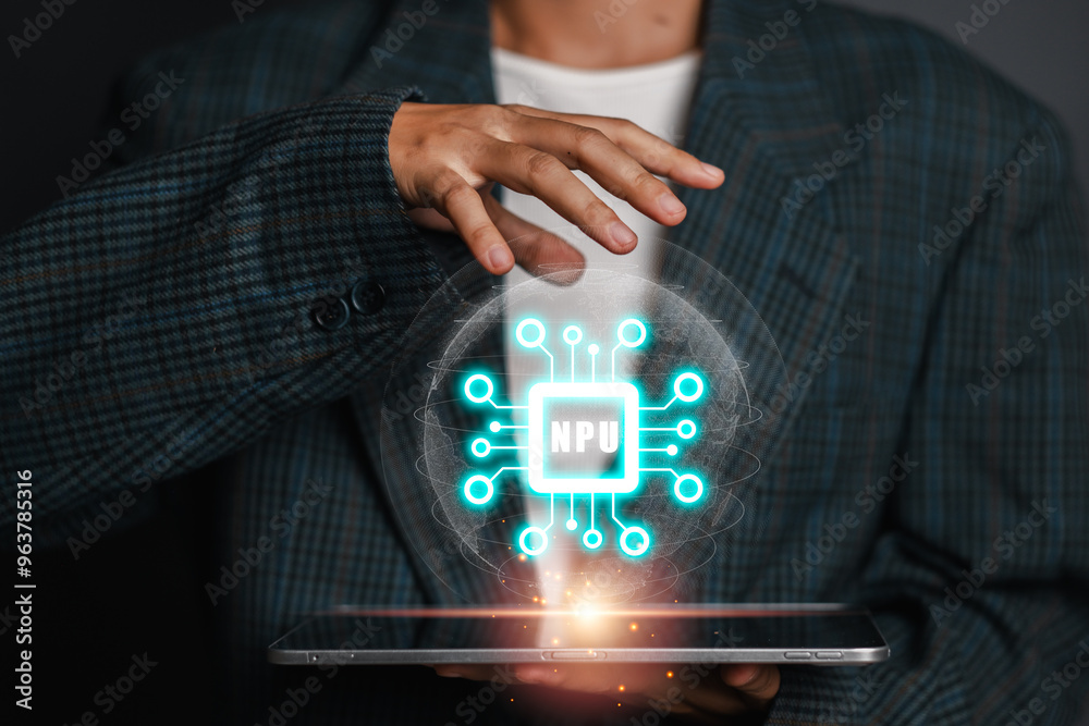 A person interacts with a holographic neural processing unit (NPU) concept, showcasing advanced ...