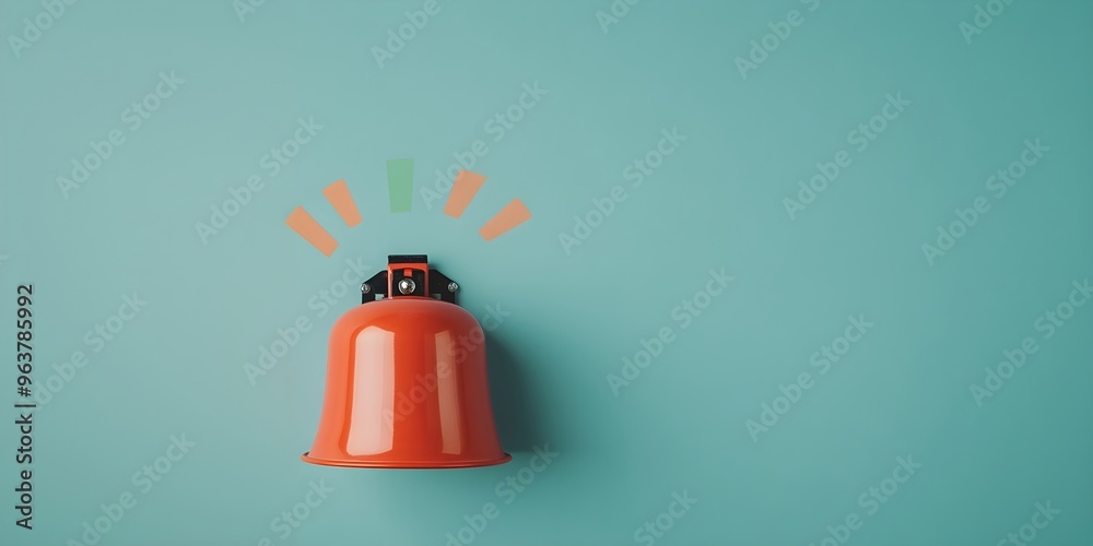 Red fire alarm bell. Fire alarm detector on blue background with copy ...