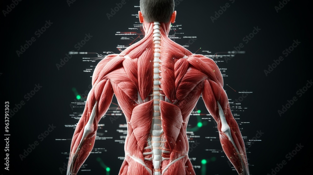 Rear view of muscular male anatomy with labeled muscles and spine ...