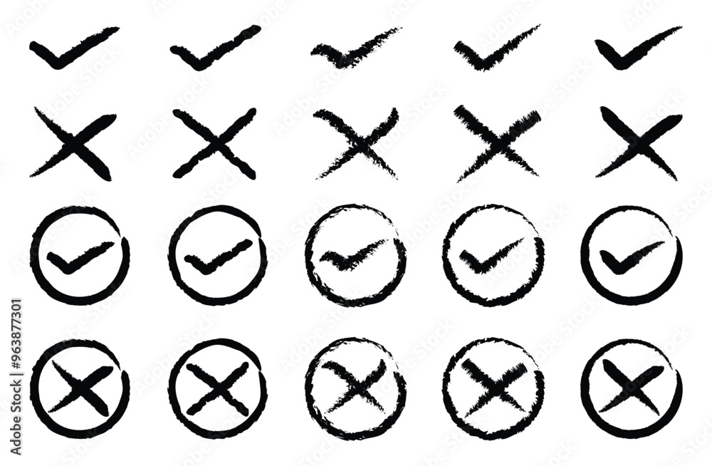 Check marks, cross signs doodle set. vector buttons for vote, election choice, check marks, and ...