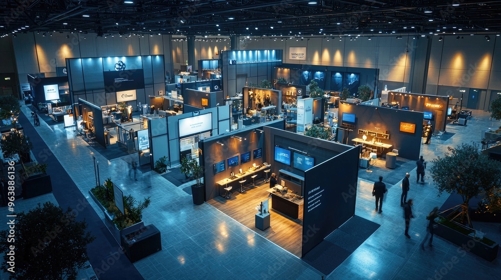 Modern Exhibition Hall with Various Booths and Attendees at a Trade Show Event Stock Photo ...