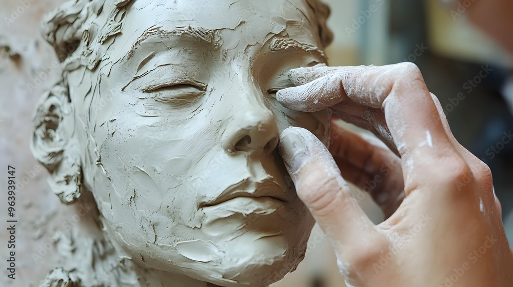 Sculpting a Clay Face: Hands carefully shaping the features of a clay ...