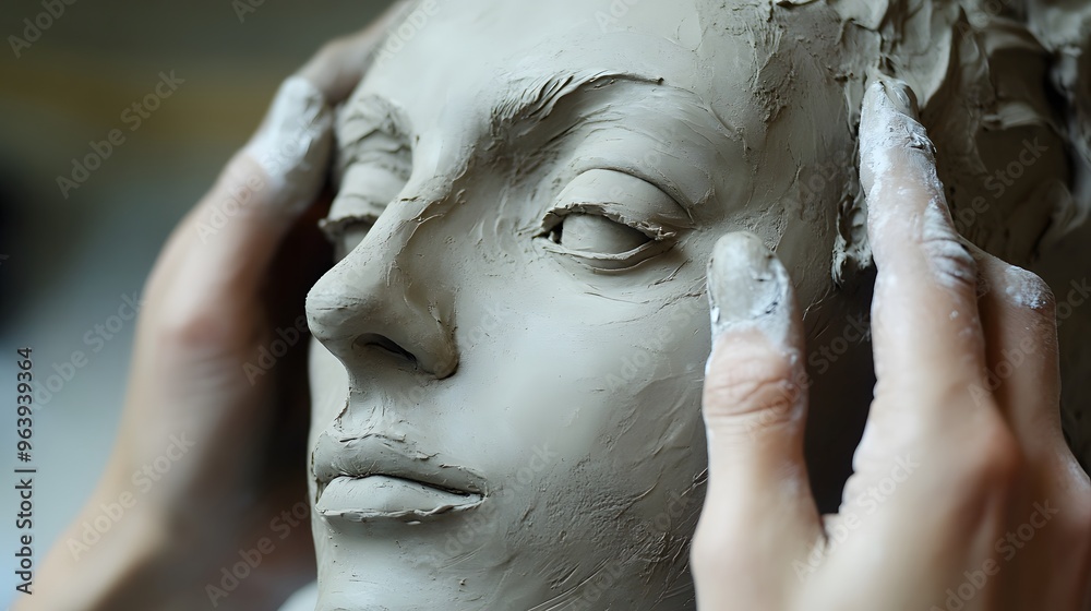 Sculpting a Clay Face: Hands carefully shaping the features of a clay ...