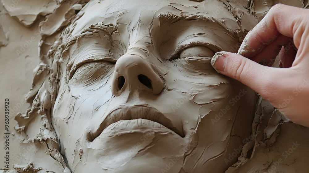 Sculpting a Clay Face: Hands carefully shaping the features of a clay ...