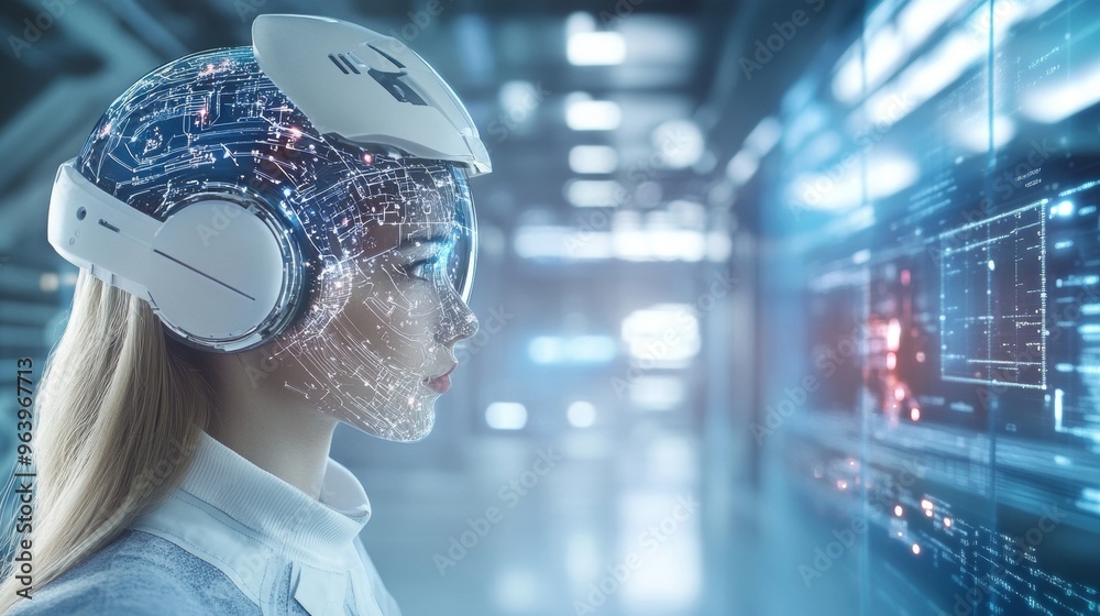 An innovative AI development lab with transparent algorithm models and holographic neural ...
