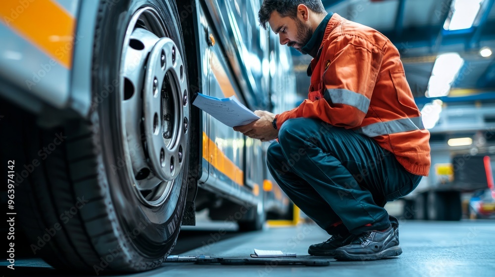 mechanic is Checking the bus Safety Maintenance Checklist. Inspection ...