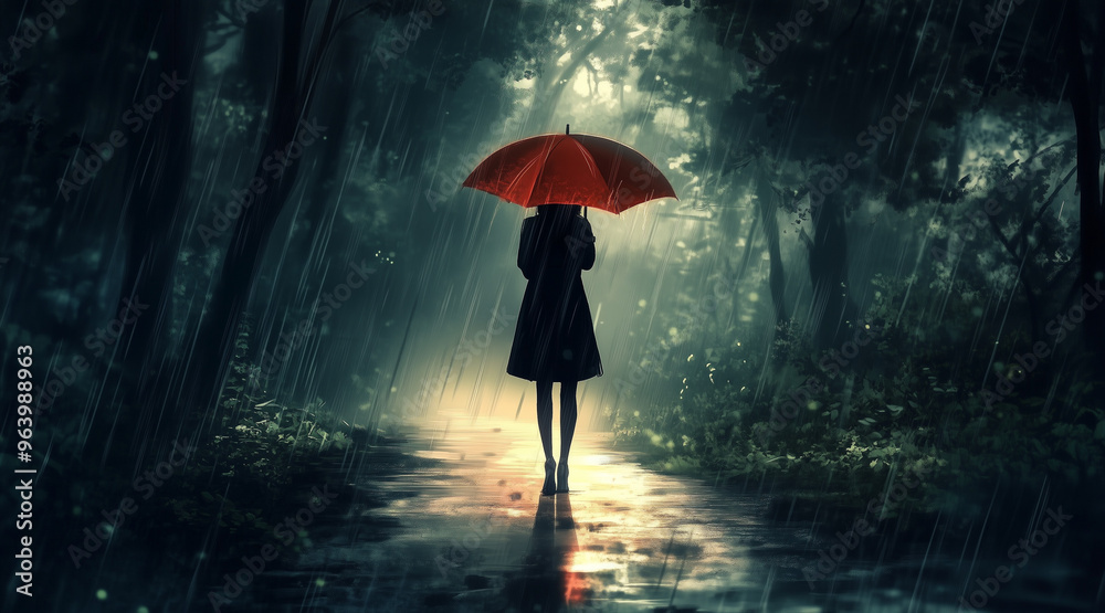 Lonely anime style girl holding umbrella and standing, walking in the ...
