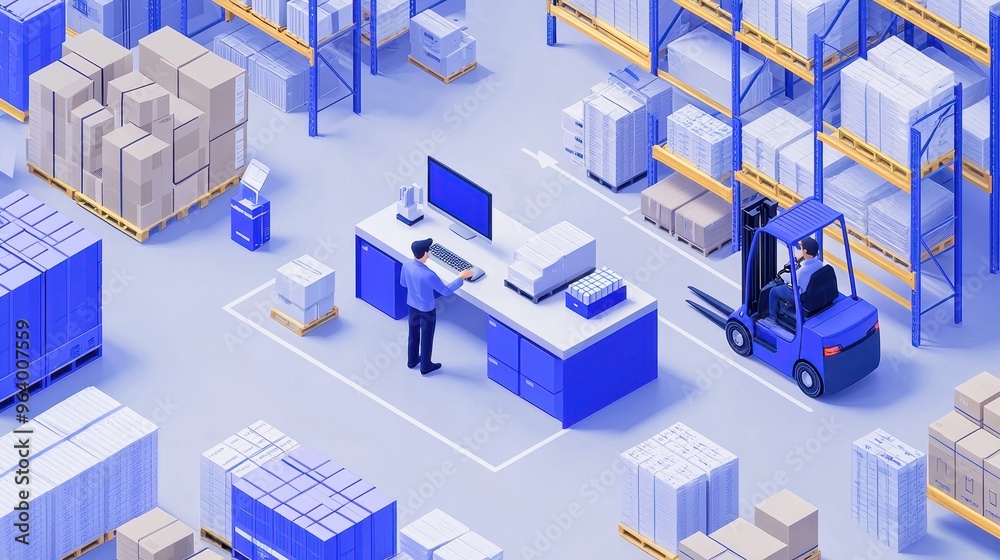 3D illustration of warehouse worker managing inventory and organizing ...