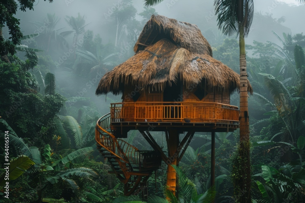 Ecotourism, rustic, elevated treehouse with a thatched roof and spiral ...