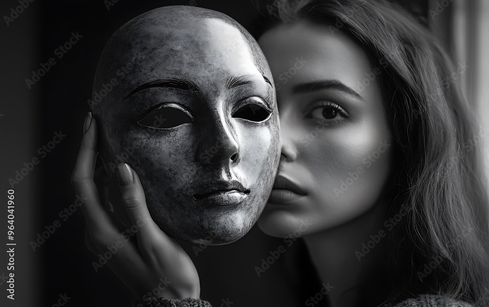 Dual Emotions Revealed - Woman Holding Mask Showing Triumph and ...