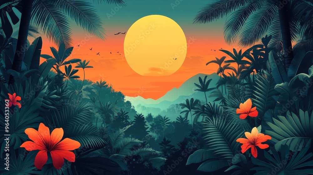 Rainforest illustrated in flat design style with bold colors, simple ...