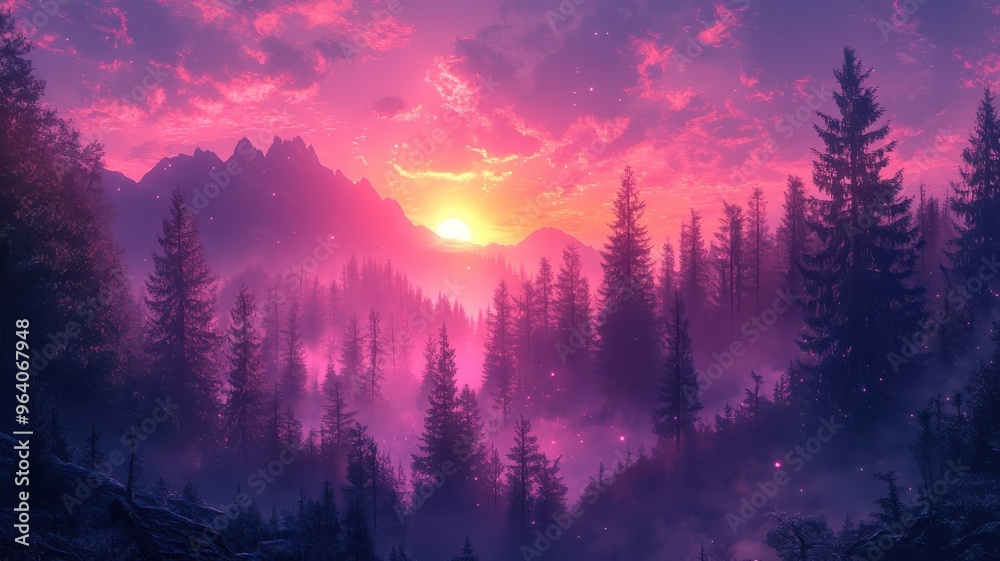 Pine forest depicted in synthwave style, featuring neon colors and ...