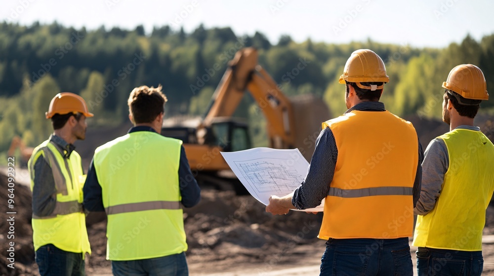 Team of Engineers Reviewing Blueprints on Construction Site - Focused ...
