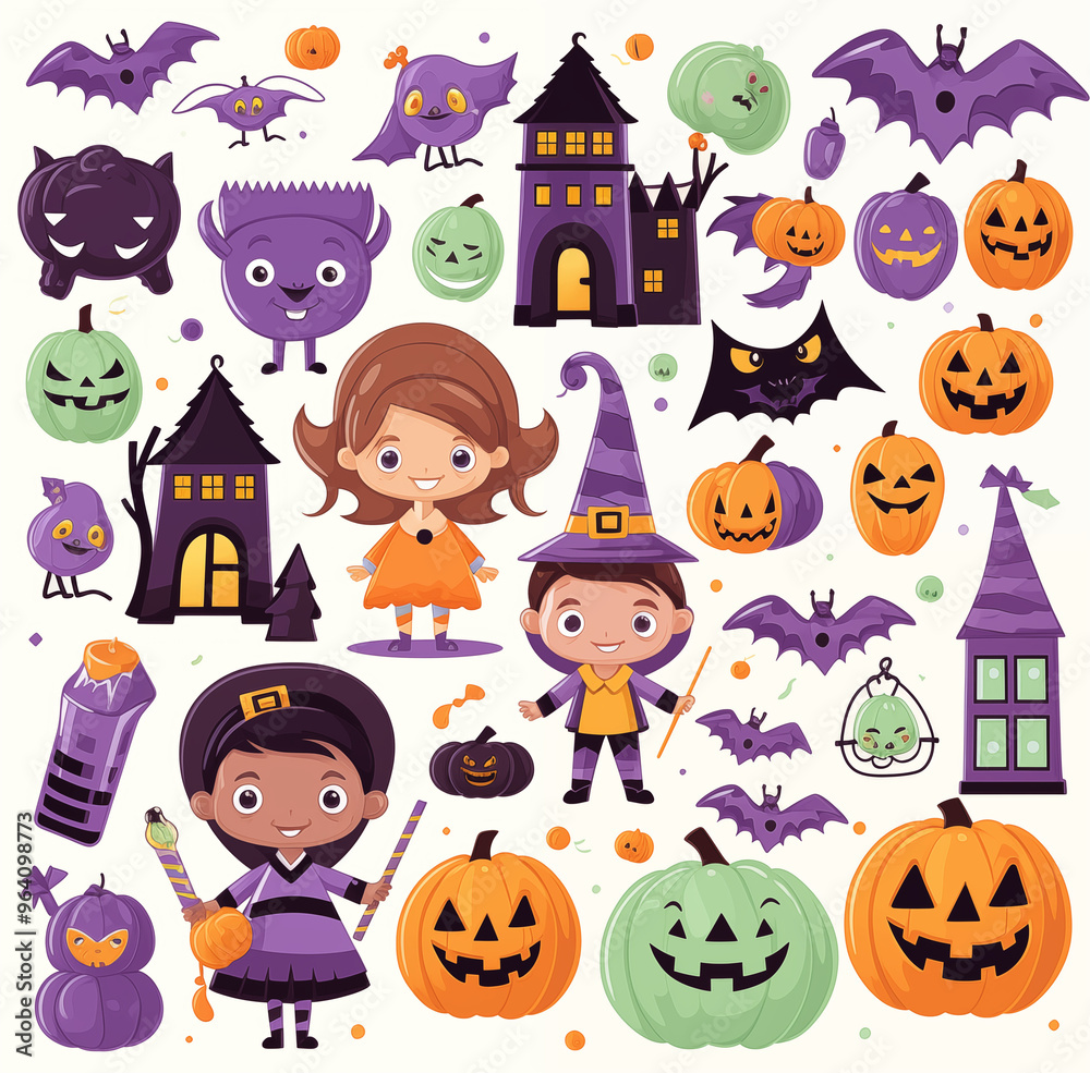 Vector of Halloween cartoon images of witches, pumpkins, cats, bats ...