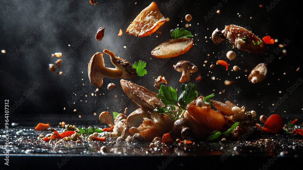 Dynamic culinary explosion featuring fresh ingredients, spices, and ...