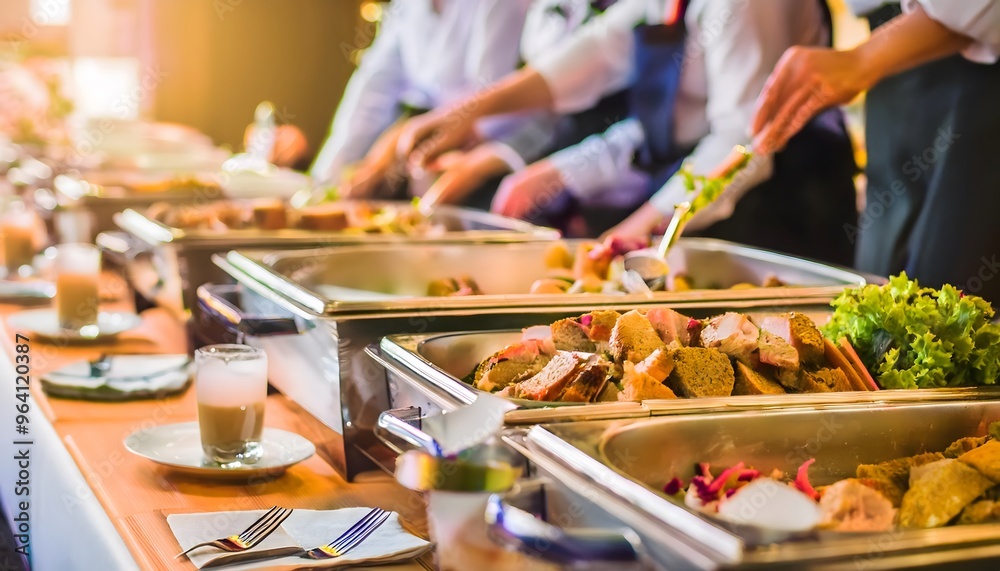 people catering buffet food indoor restaurant on table with drinks ...