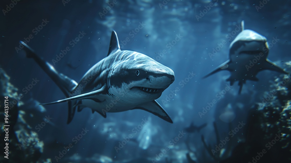 Imagine an underwater landscape where a group of sharks swim silently ...