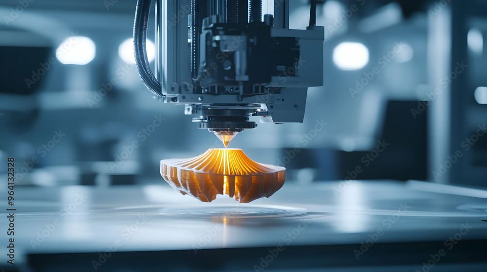 Detailed view of a 3D printer in action, creating a complex mechanical ...