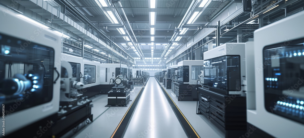 Modern clean factory with large scale CNC milling machines. A bright ...