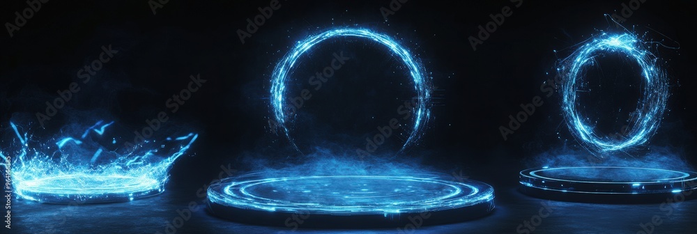 Blue light portal effect with magic neon glow. three set of Tech ...