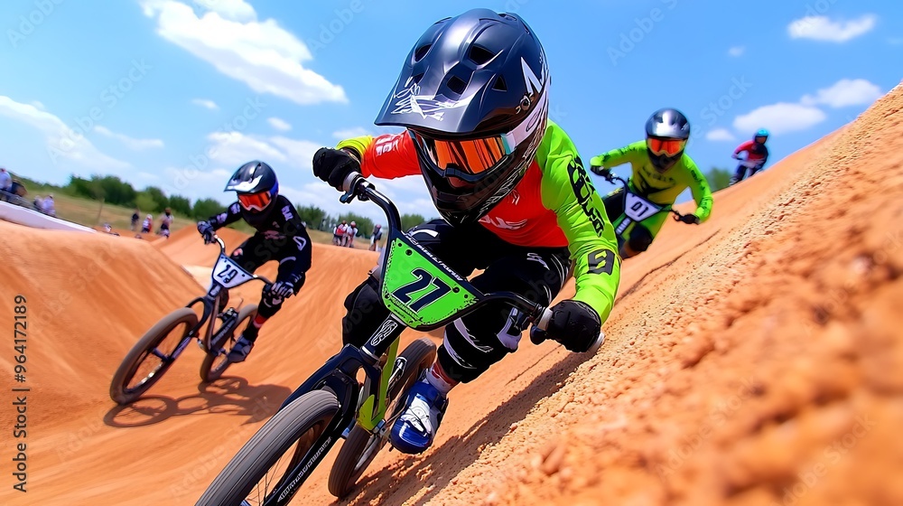 BMX riders race around a tight turn, bunched closely together as they ...