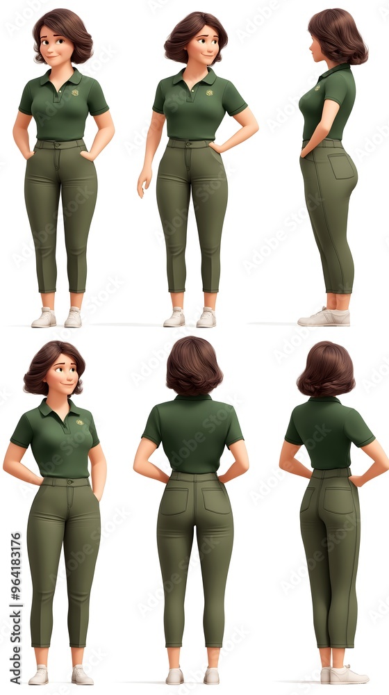 Sporty brunette woman cartoon character sheet, multiple positions, side ...