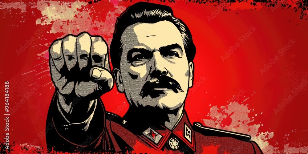 Historical portrayal of a leader raising a fist with a red background ...